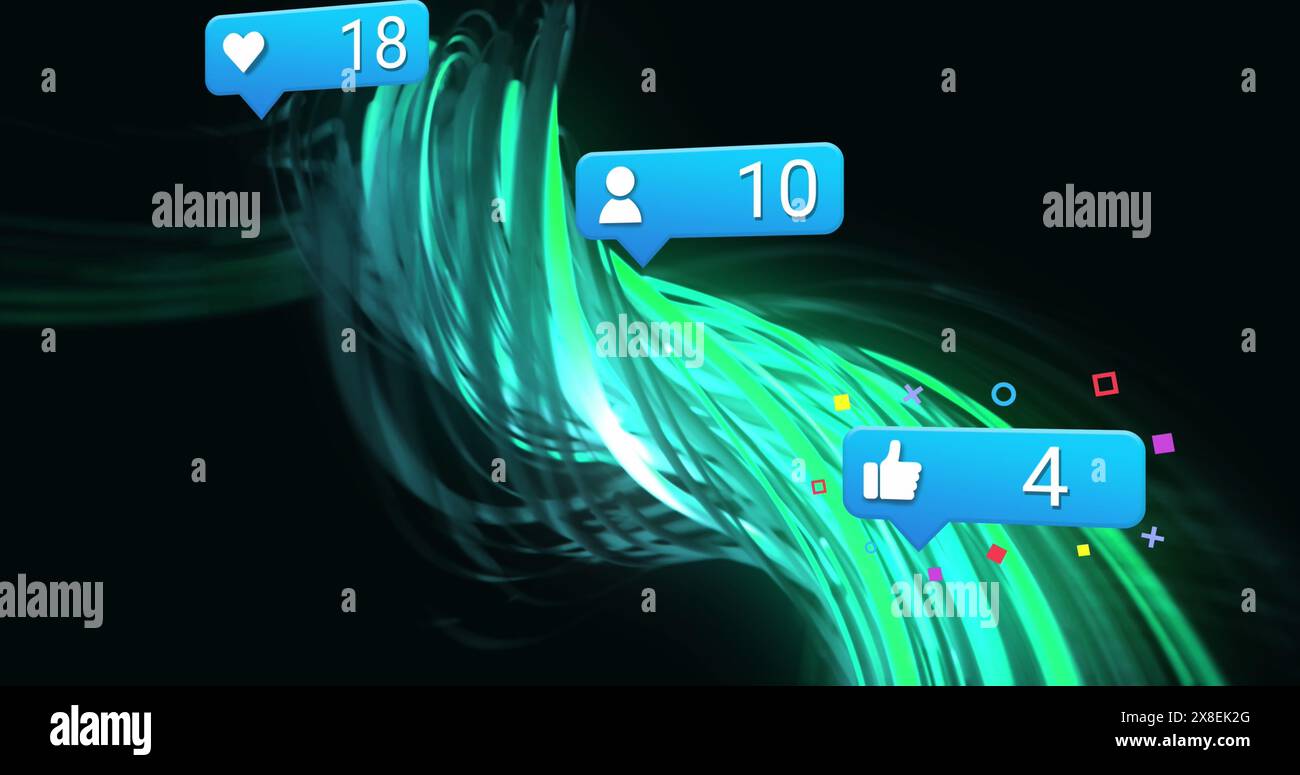 Image of notification bars, lightning and abstract pattern over black ...