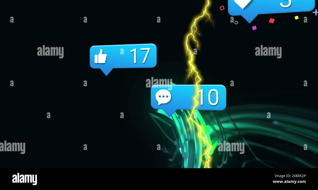 Image of notification bars, lightning and abstract pattern over black ...