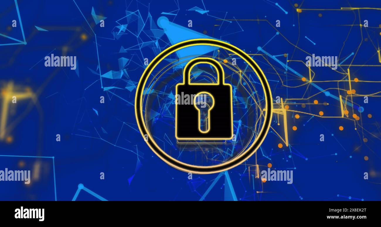 Image of padlock, navigation pattern and connected dots forming shape over blue background Stock ...