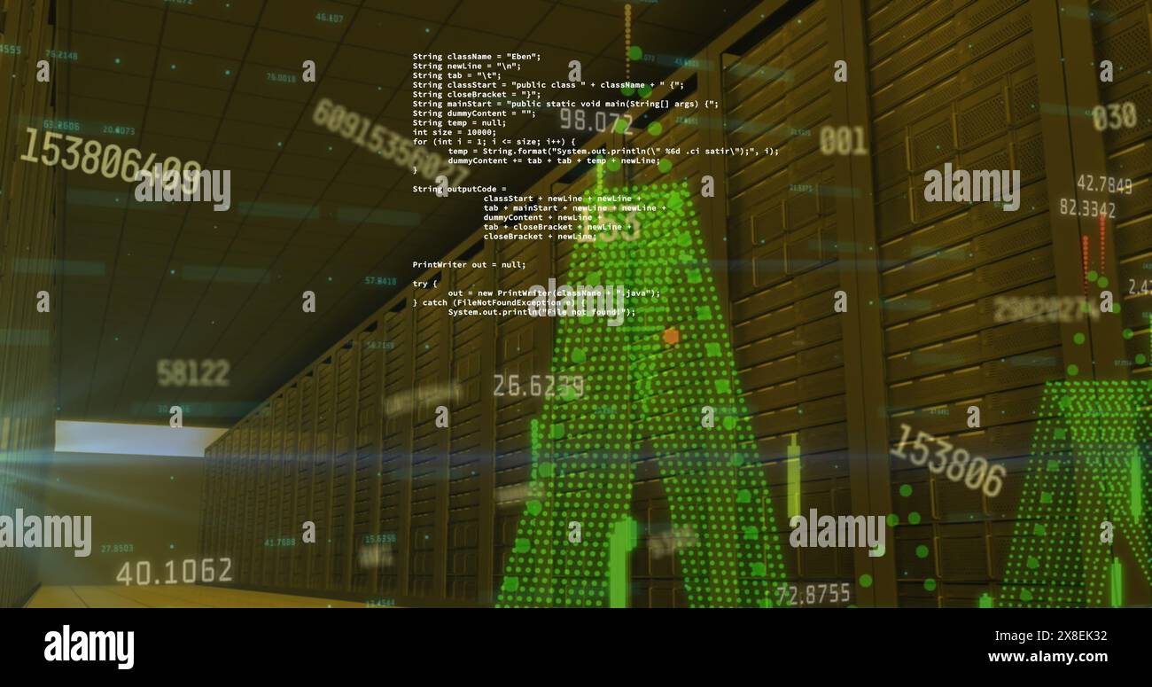 Image of changing numbers, graphs, computer language over data server room Stock Photo - Alamy
