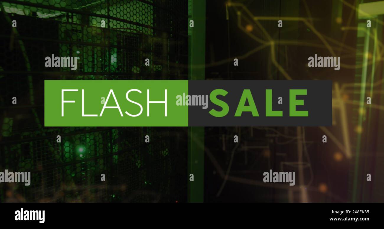 Image of flash sale text and navigation pattern over data server ...