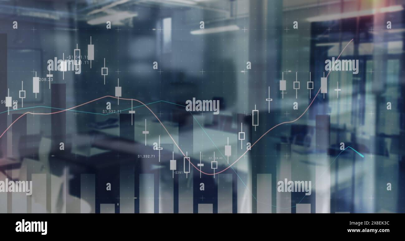 Image of multiple graphs over unoccupied chairs in empty office Stock ...