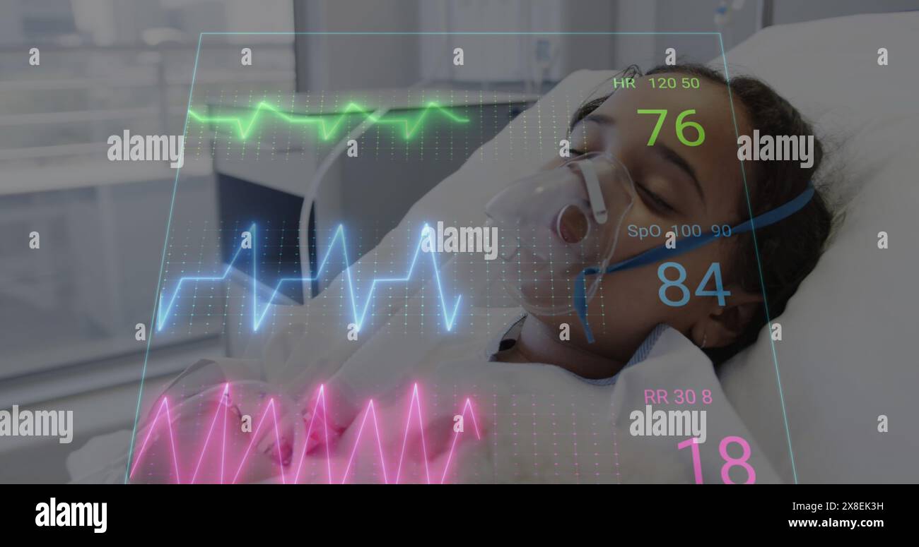 Image of heart rate monitor against biracial girl in wearing oxygen ...