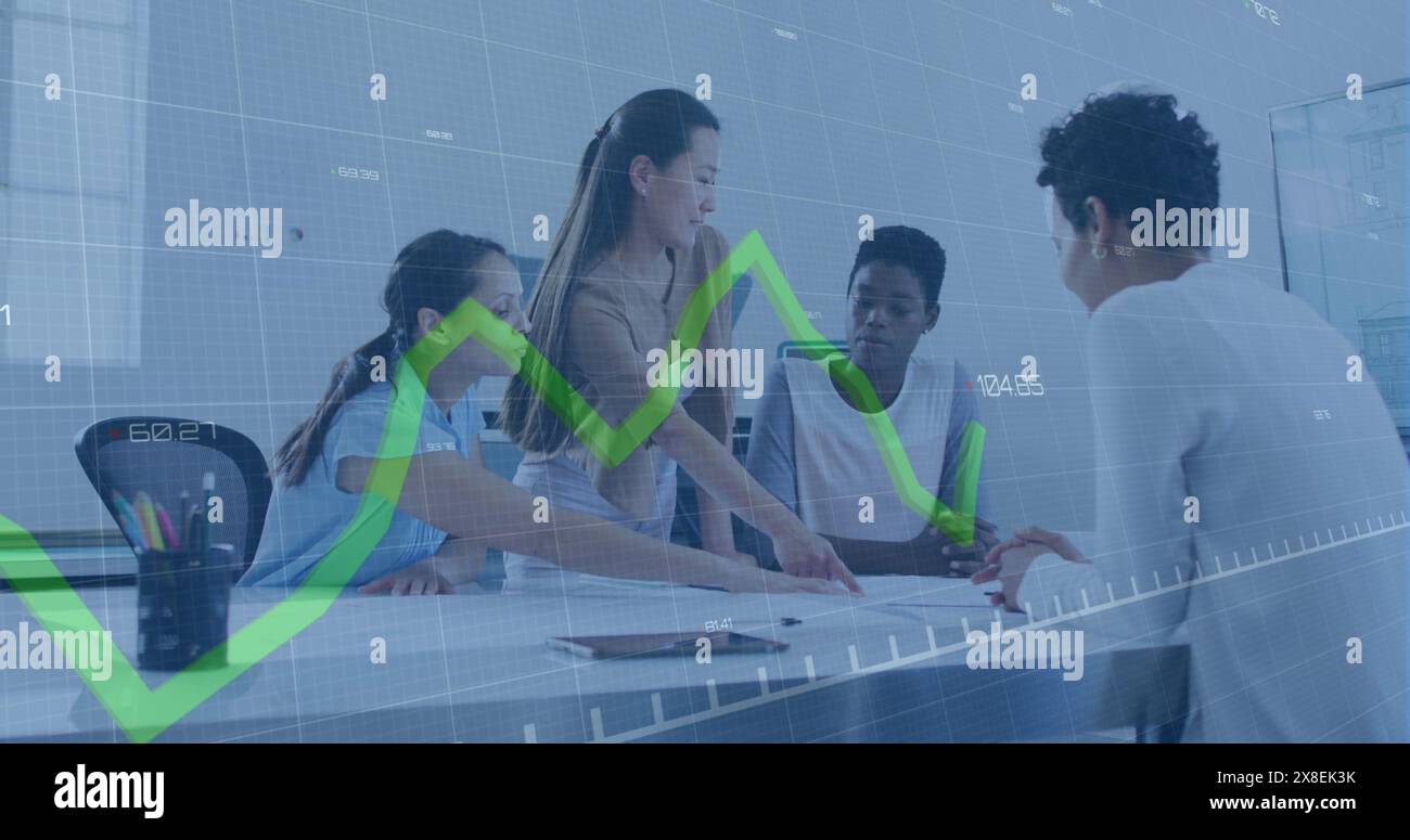 Image Of Statistical Data Processing Over Group Of Diverse Women Discussing Over Plan At Office