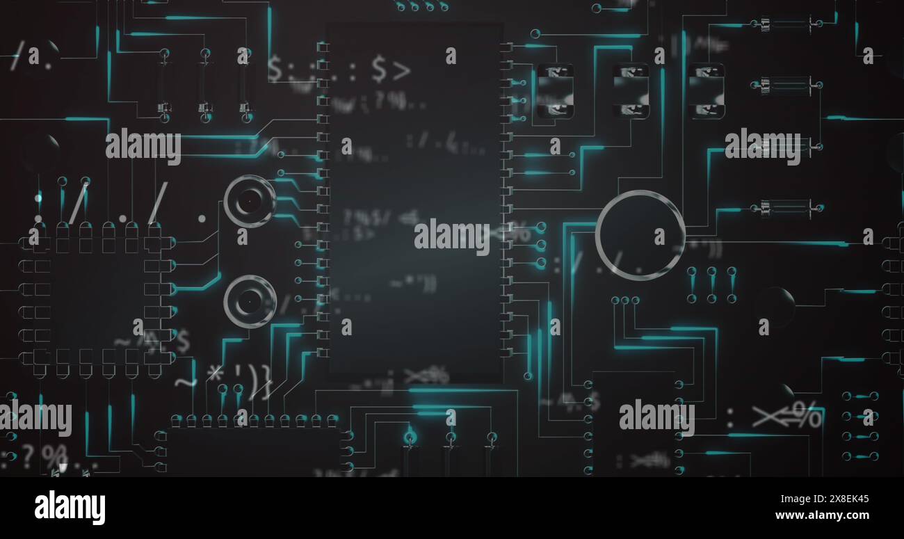 Image of changing symbols over circuit board in seamless pattern against grey background Stock ...