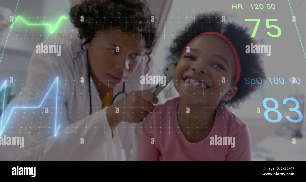 Image of heart rate monitor over diverse female doctor examining ears ...