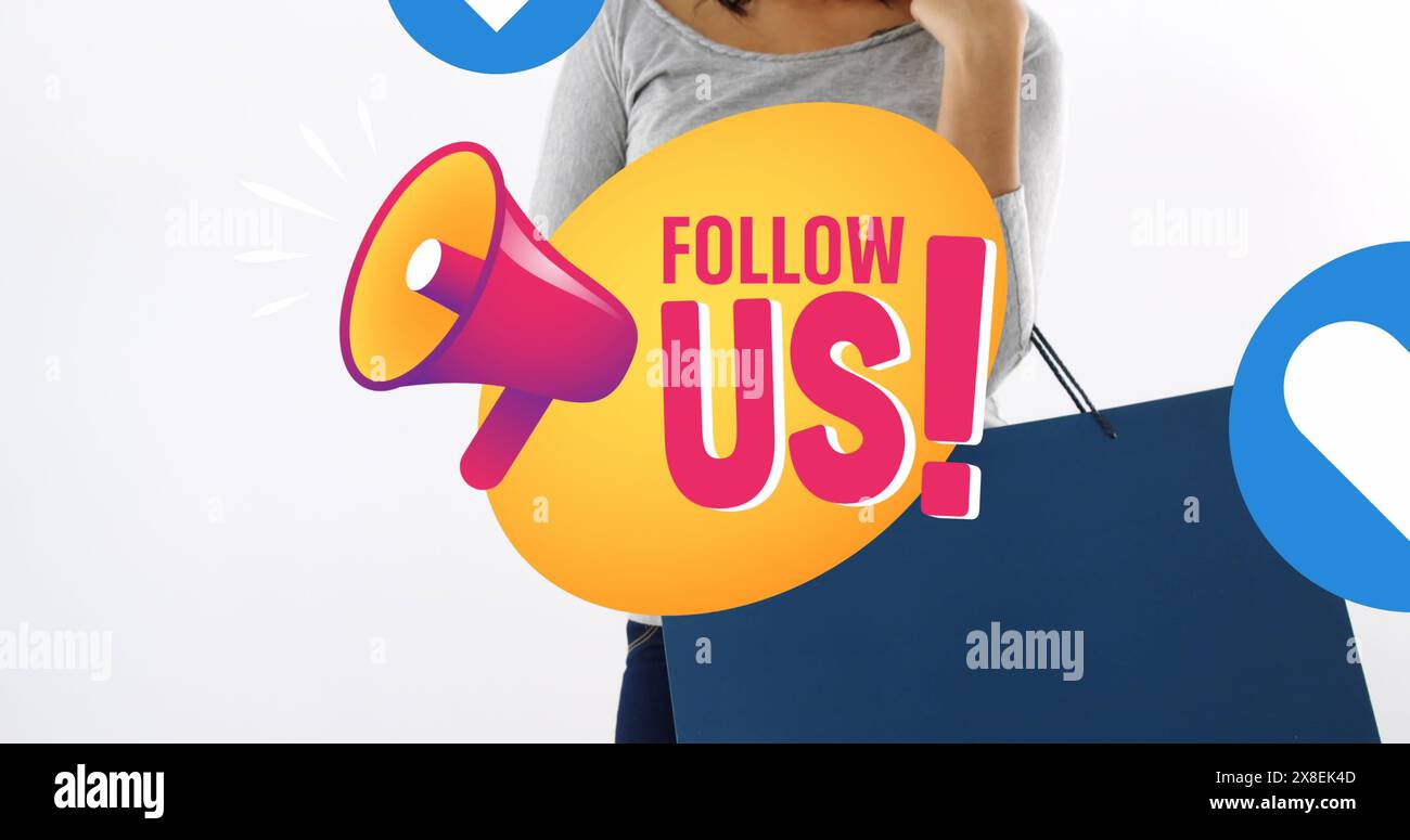 Image of follow us text, megaphone and heart icons over caucasian woman ...