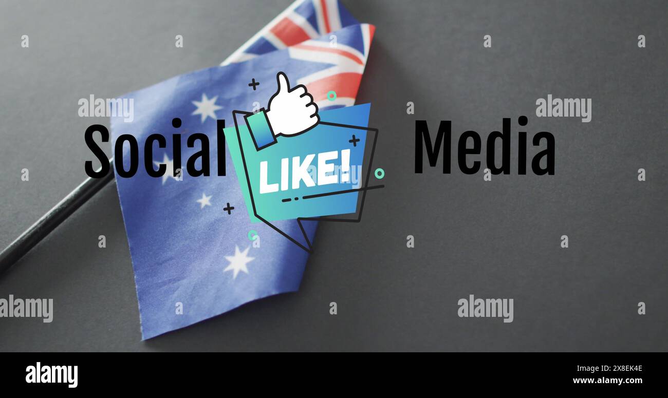 Image of social media text and like icon over flag of australia on dark ...