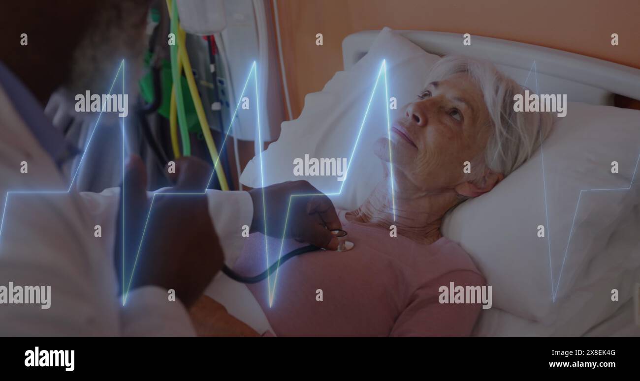 Image of heart rate monitor over diverse female doctor examining female ...