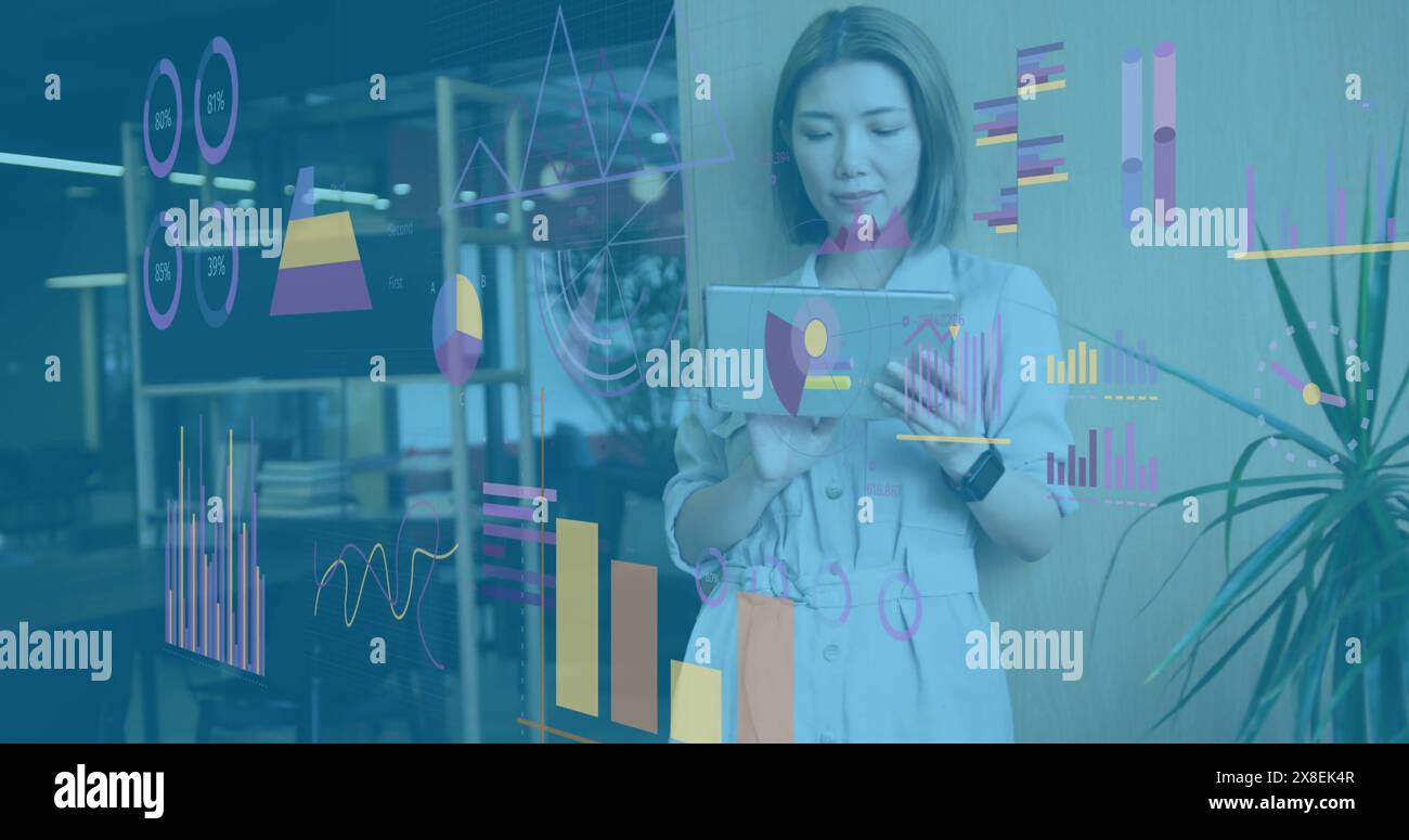 Image Of Interface With Statistical Data Processing Against Asian Woman