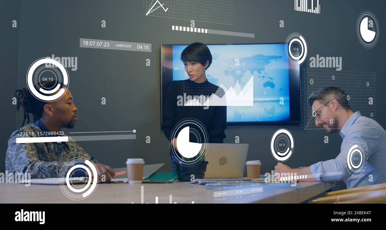 Image Of Statistical Data Processing Against Diverse Colleagues Discussing Together At Office