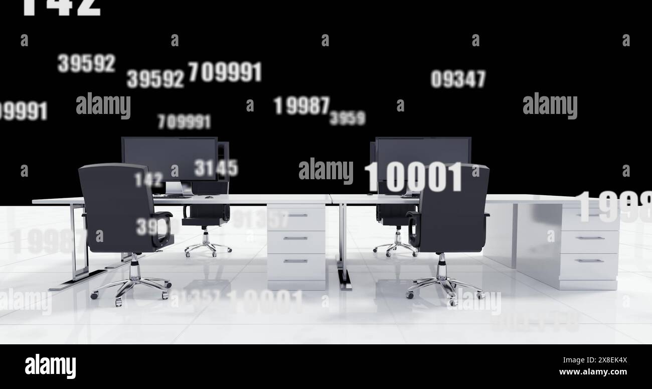 Image of changing numbers floating over 3d office model against black background Stock Photo - Alamy