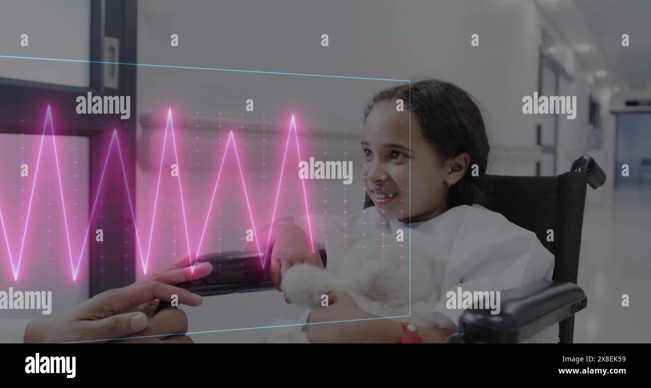 Image of heart rate monitor over biracial girl with soft toy in ...
