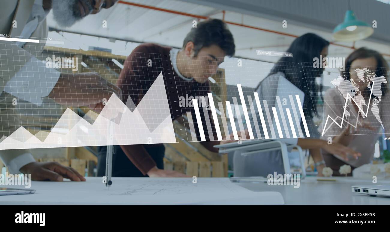 Image Of Interface With Statistical Data Processing Against Biracial Man Using Laptop At Office