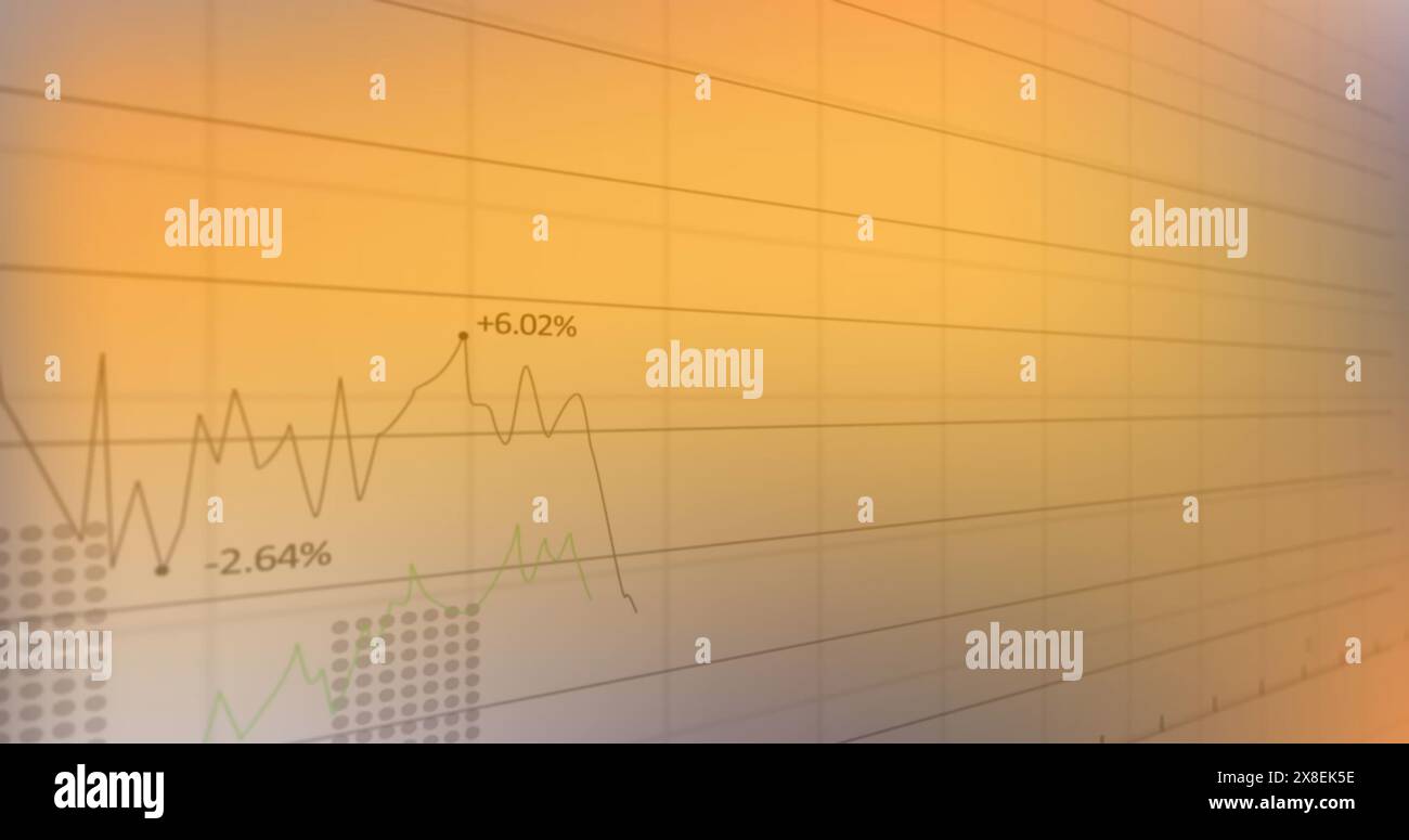 Image of multiple graphs with changing numbers and grid pattern over orange background Stock ...