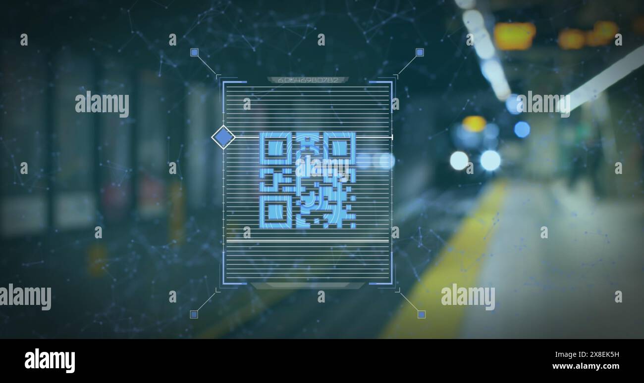 Image of qr code scanner against blurred view of train arriving at a ...