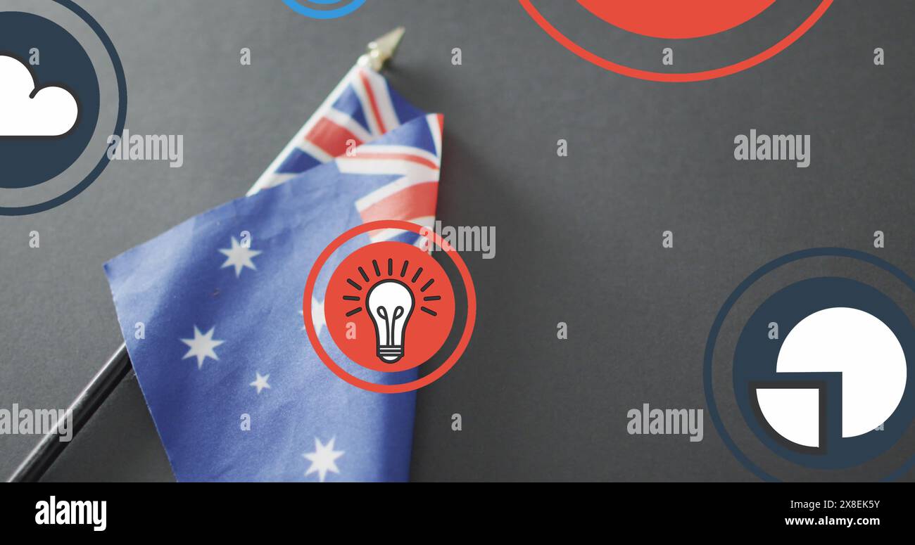 Image of digital media icons over flag of australia on dark background ...