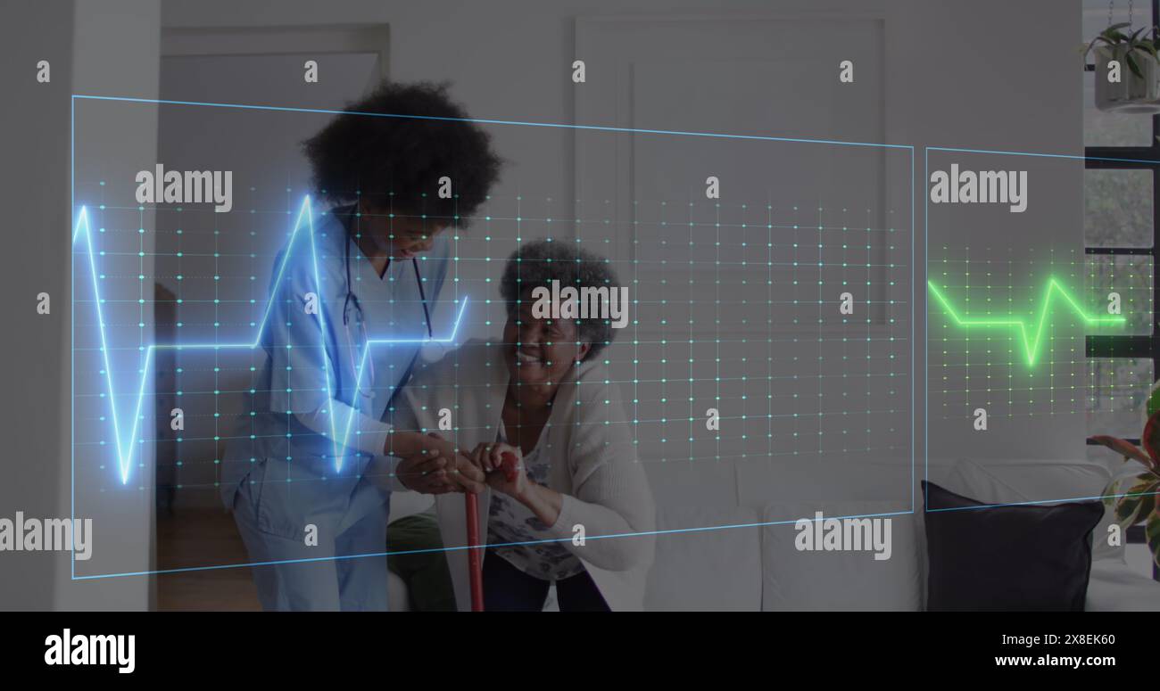 Image of heart rate monitor over diverse female healthworker helping ...