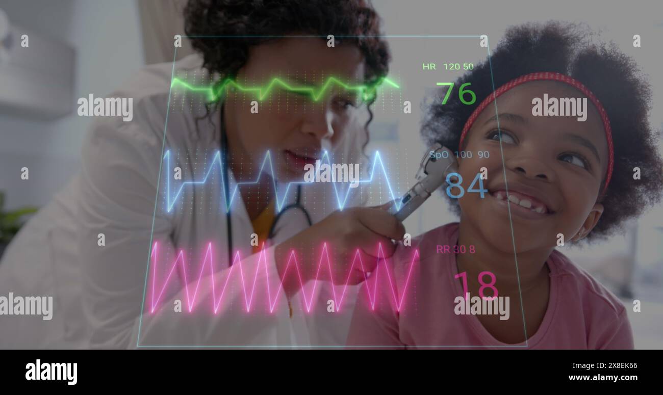 Image of heart rate monitor over diverse female doctor examining ears ...