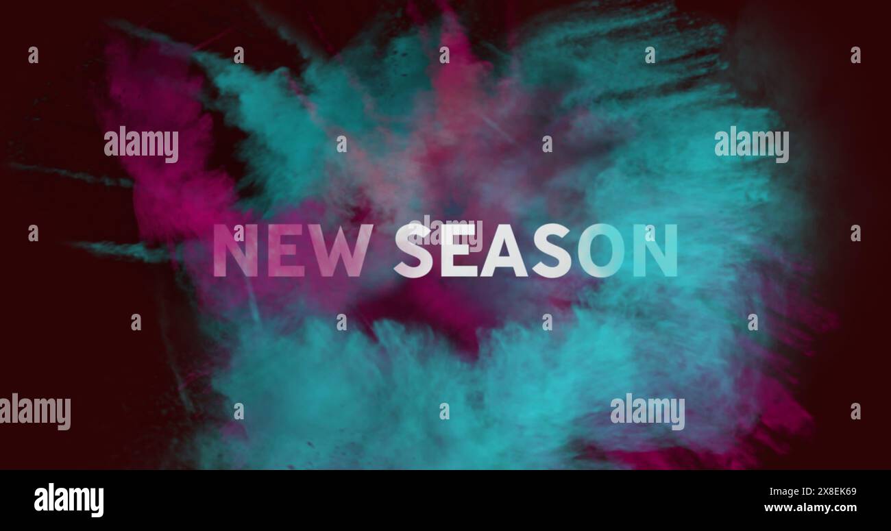 Image of new season text banner over pink and blue powder explosion ...