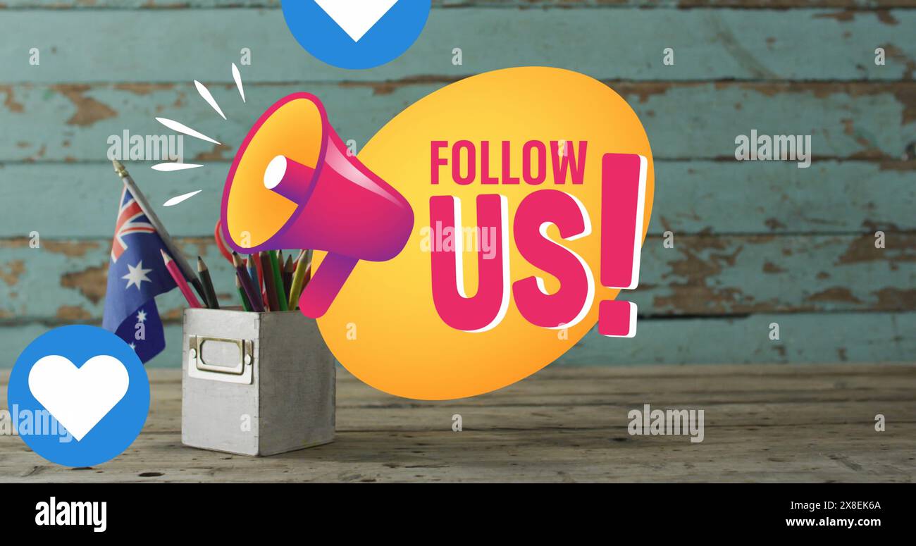Image of follow us text, megaphone and heart icons over flag of ...