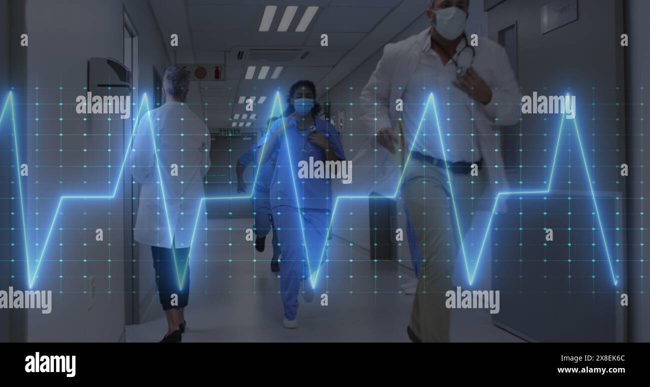 Image of heart rate monitor over diverse doctors and healthworkers ...
