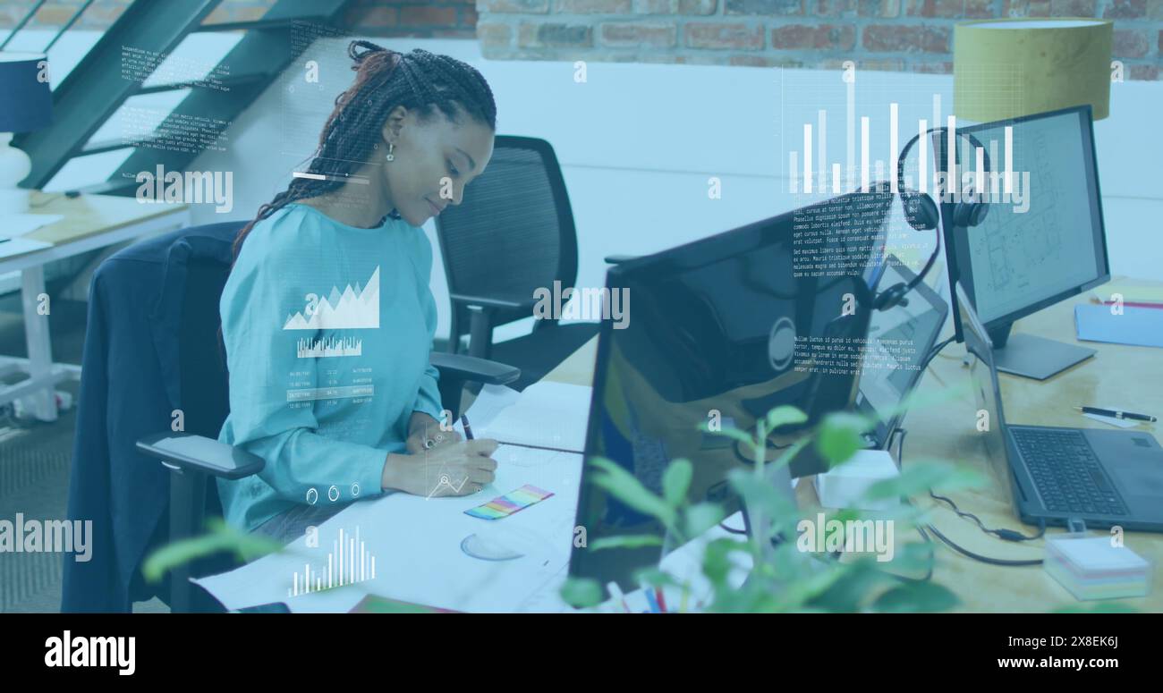 Image of statistical data processing against african american woman ...