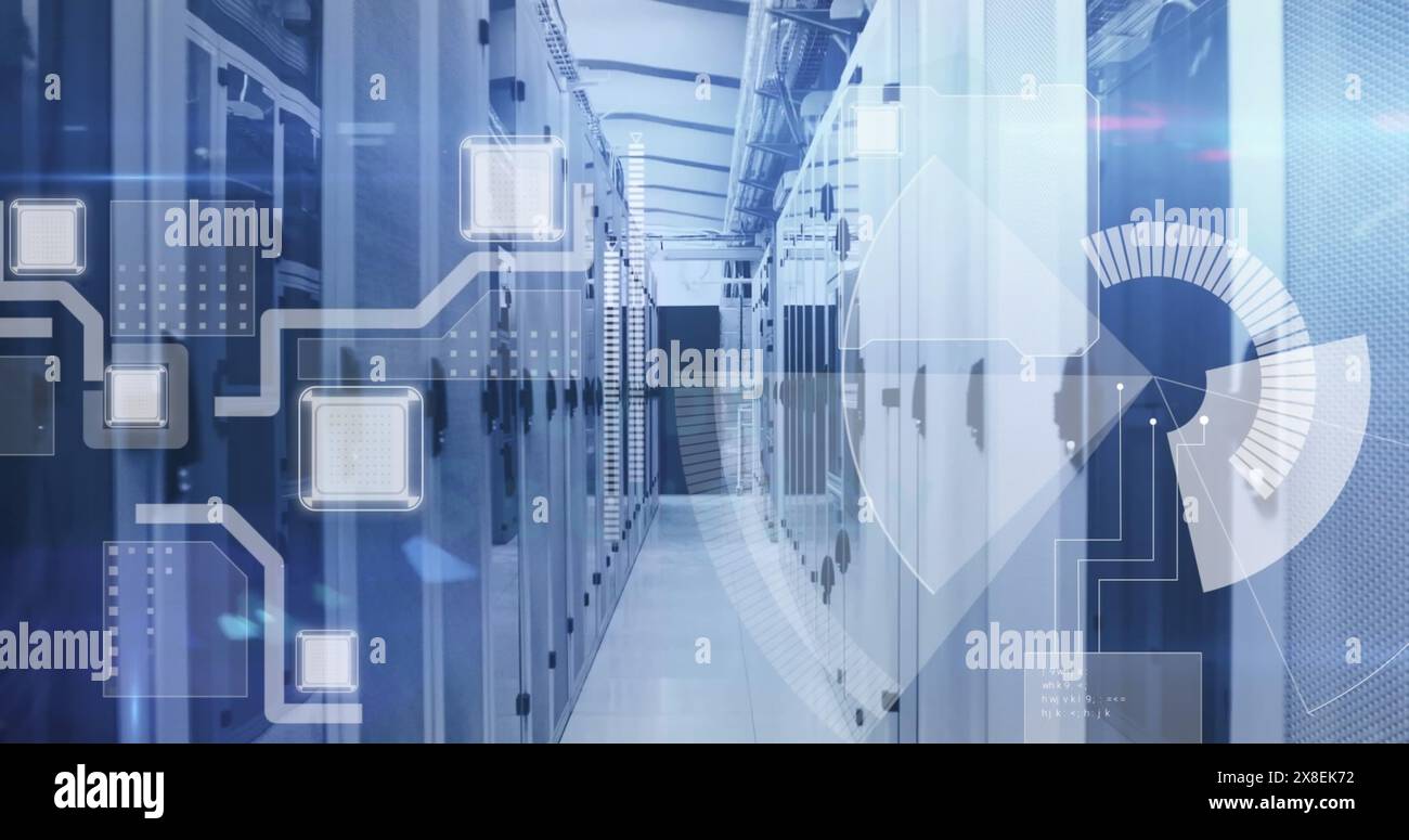 A futuristic data center with rows of servers and digital interface ...
