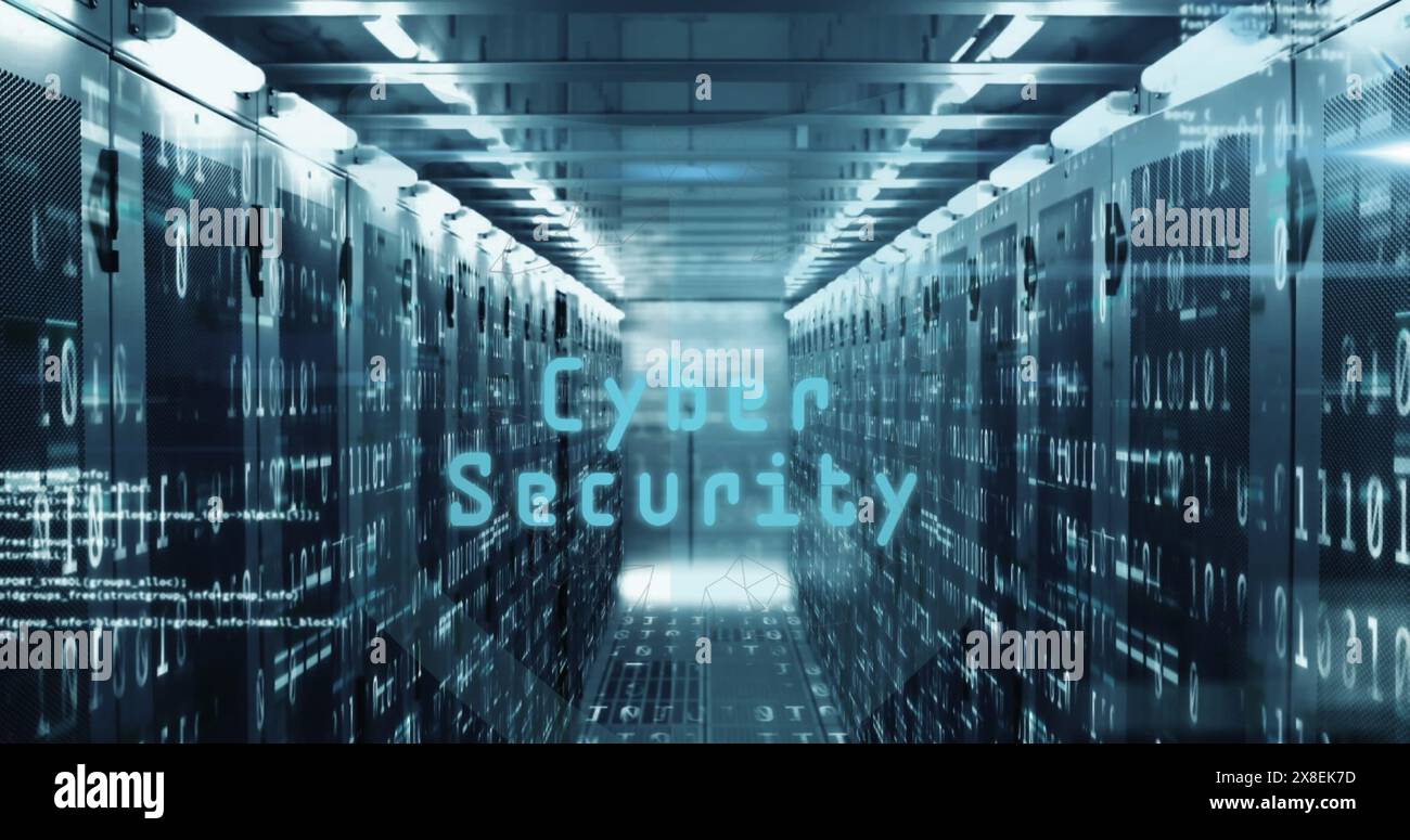 Rows of servers with digital text Cyber Security overlaying image. The servers are in high-tech ...