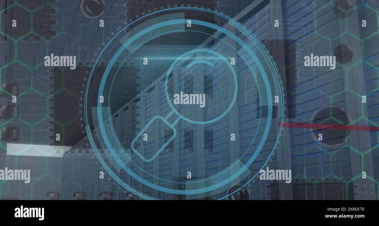 Image of magnifying glass icon and data processing over computer servers Stock Photo - Alamy