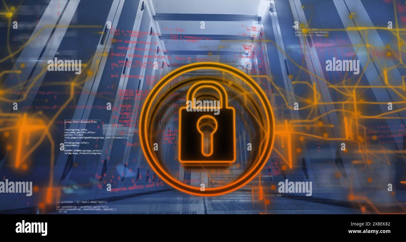 Image of padlock icon and data processing over computer servers Stock Photo - Alamy