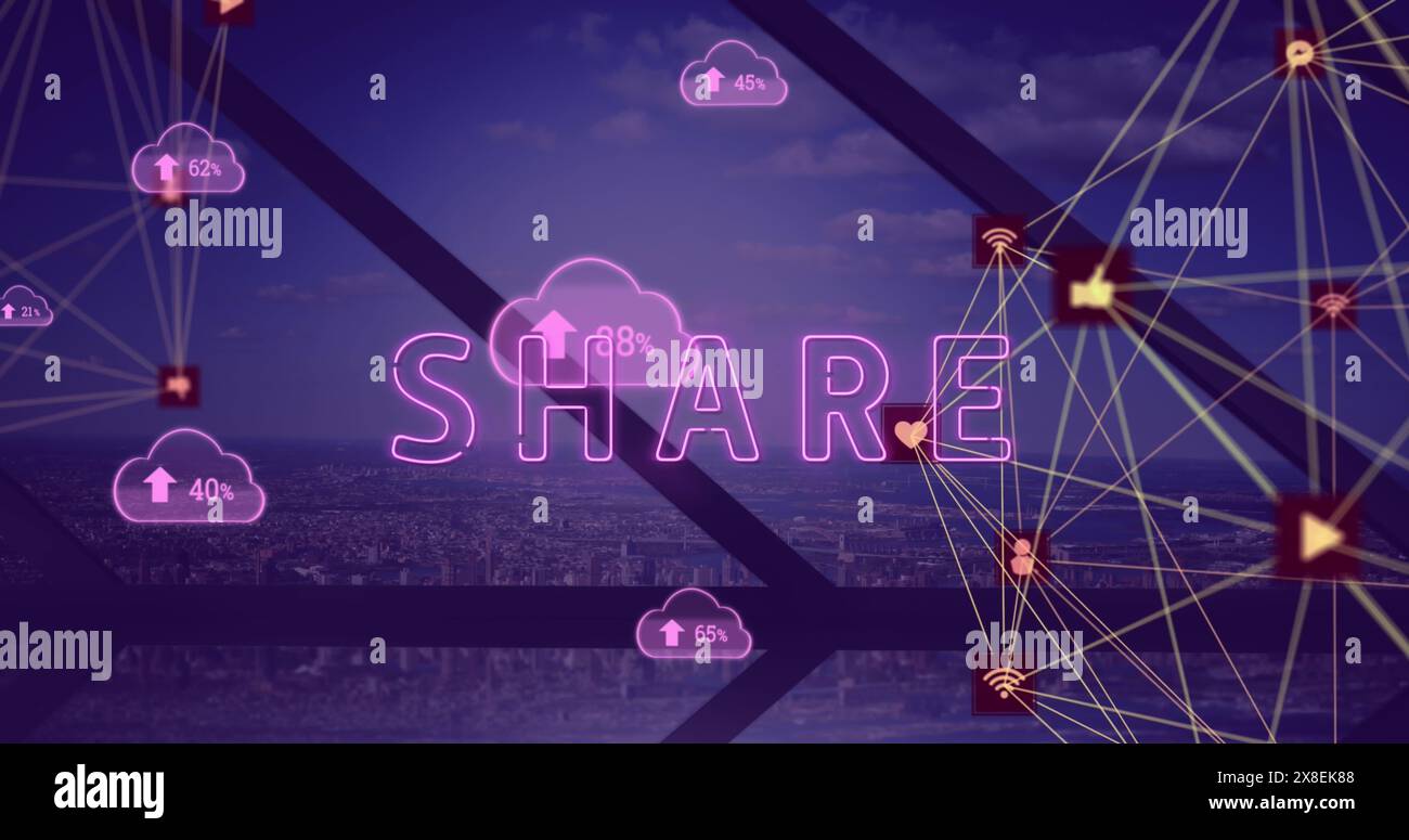 Image of social media data processing with share text over cityscape ...