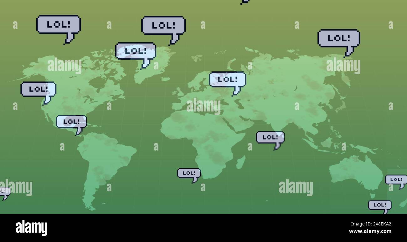Image of lol text in speech bubbles over map against gradient ...