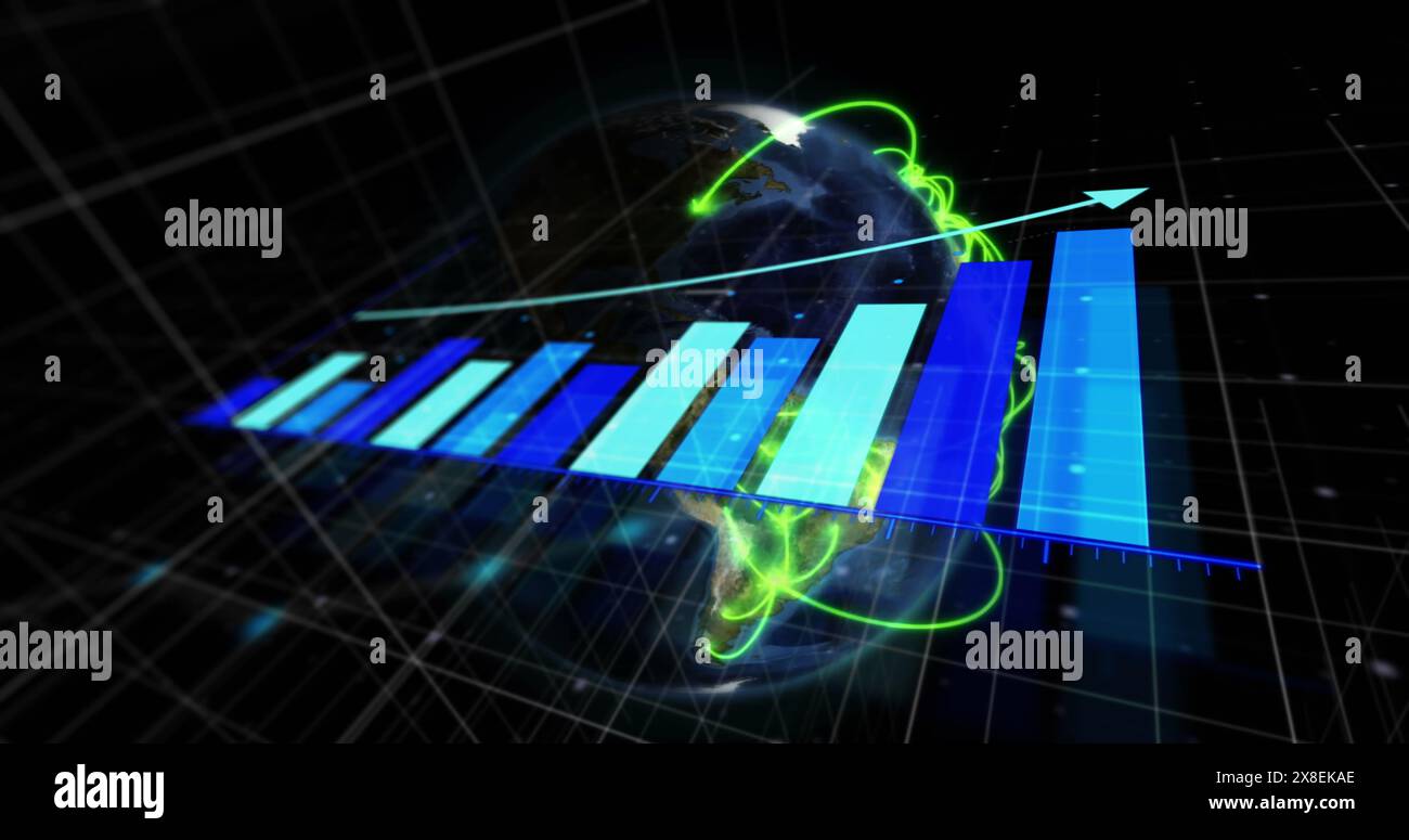 Image of arrow on growing bar graph and lines over rotating globe over ...