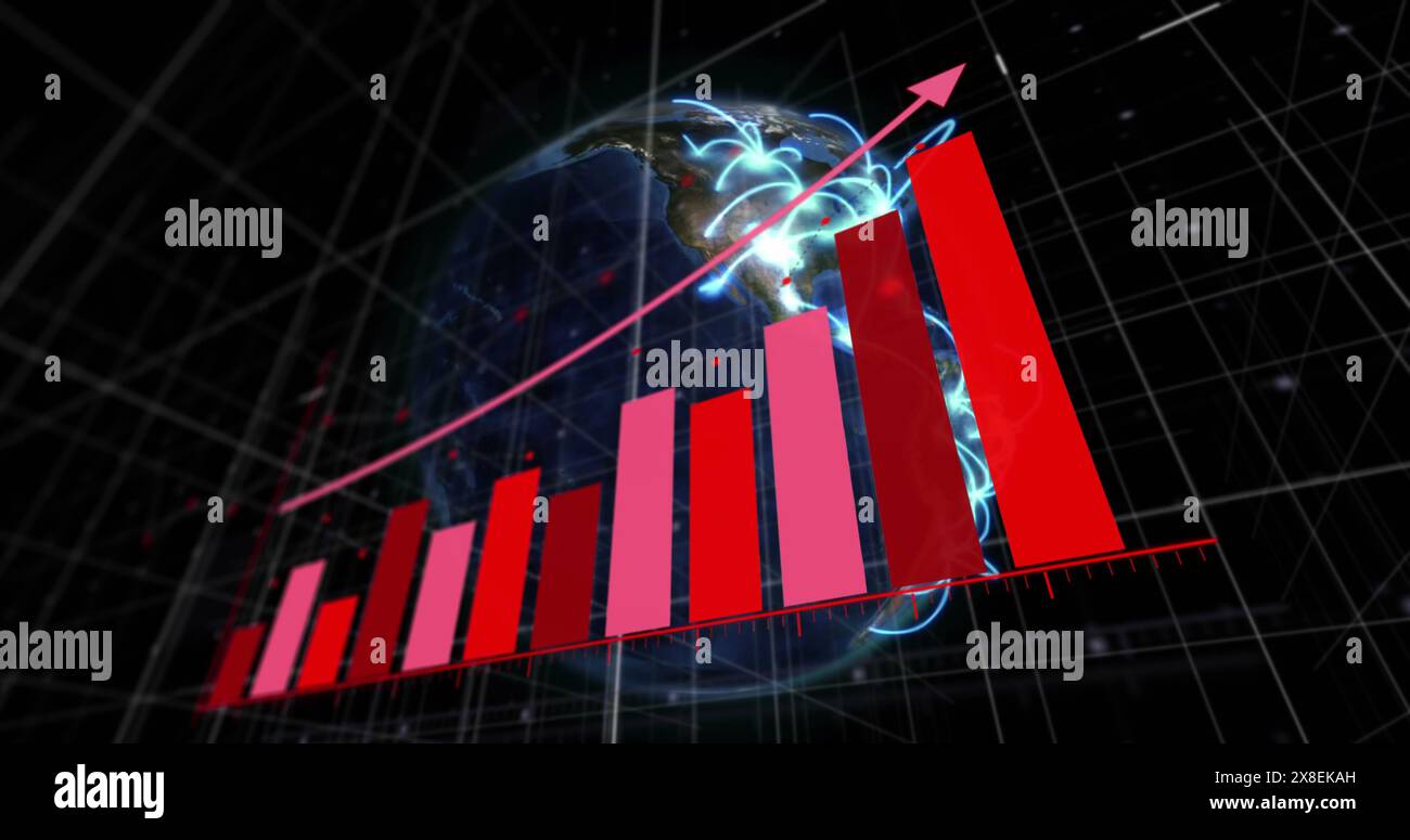 Image of arrow on growing bar graph and globe over black background ...