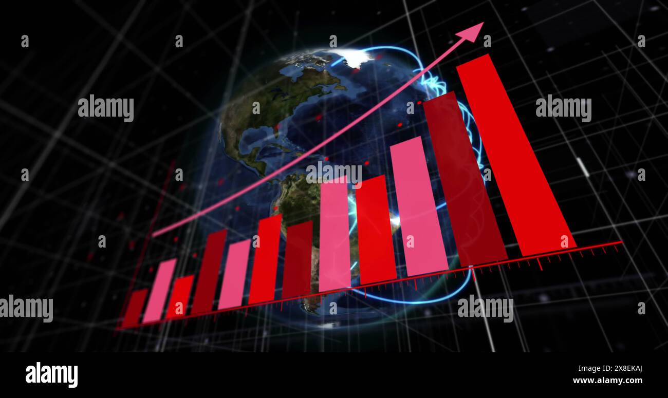 Image of arrow on growing bar graph and globe over black background ...