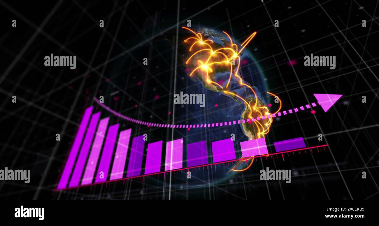 Image of arrow on falling graph and lines on rotating globe against ...
