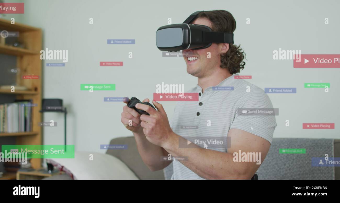 Image of social media data processing over caucasian man using vr ...