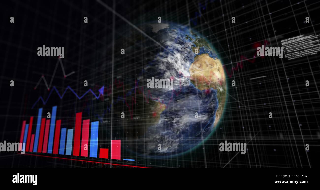 Image of multiple graphs and computer language over rotating globe against black background ...