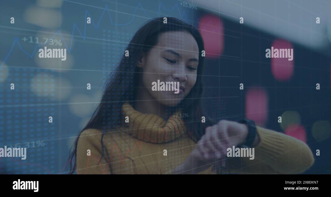 Image of multiple graphs with changing numbers over smiling asian woman ...