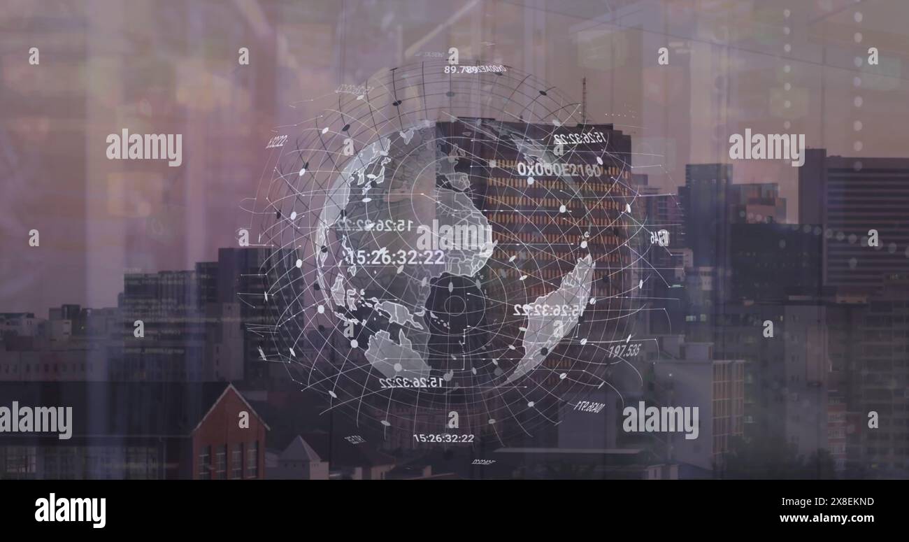 Image of grid pattern and changing numbers around globe over aerial ...