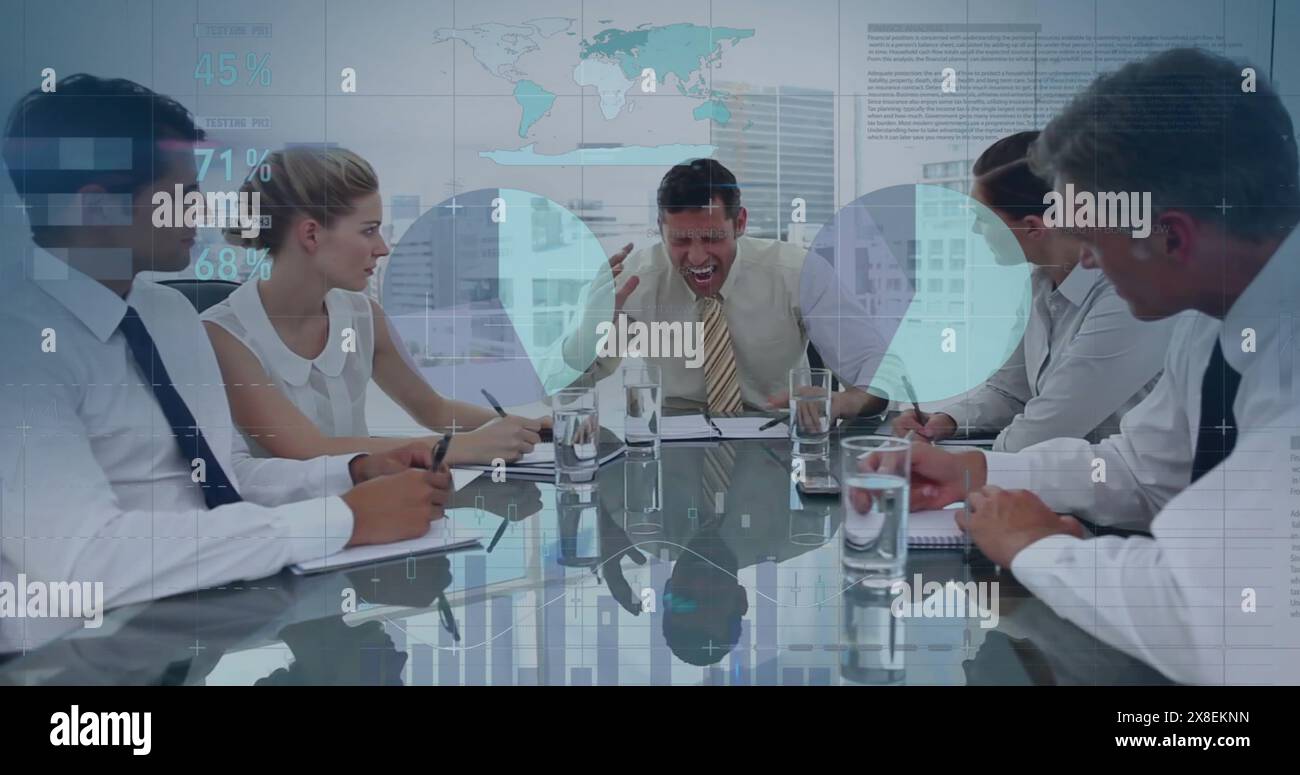 Image of infographic interface over diverse frustrated man shouting at ...