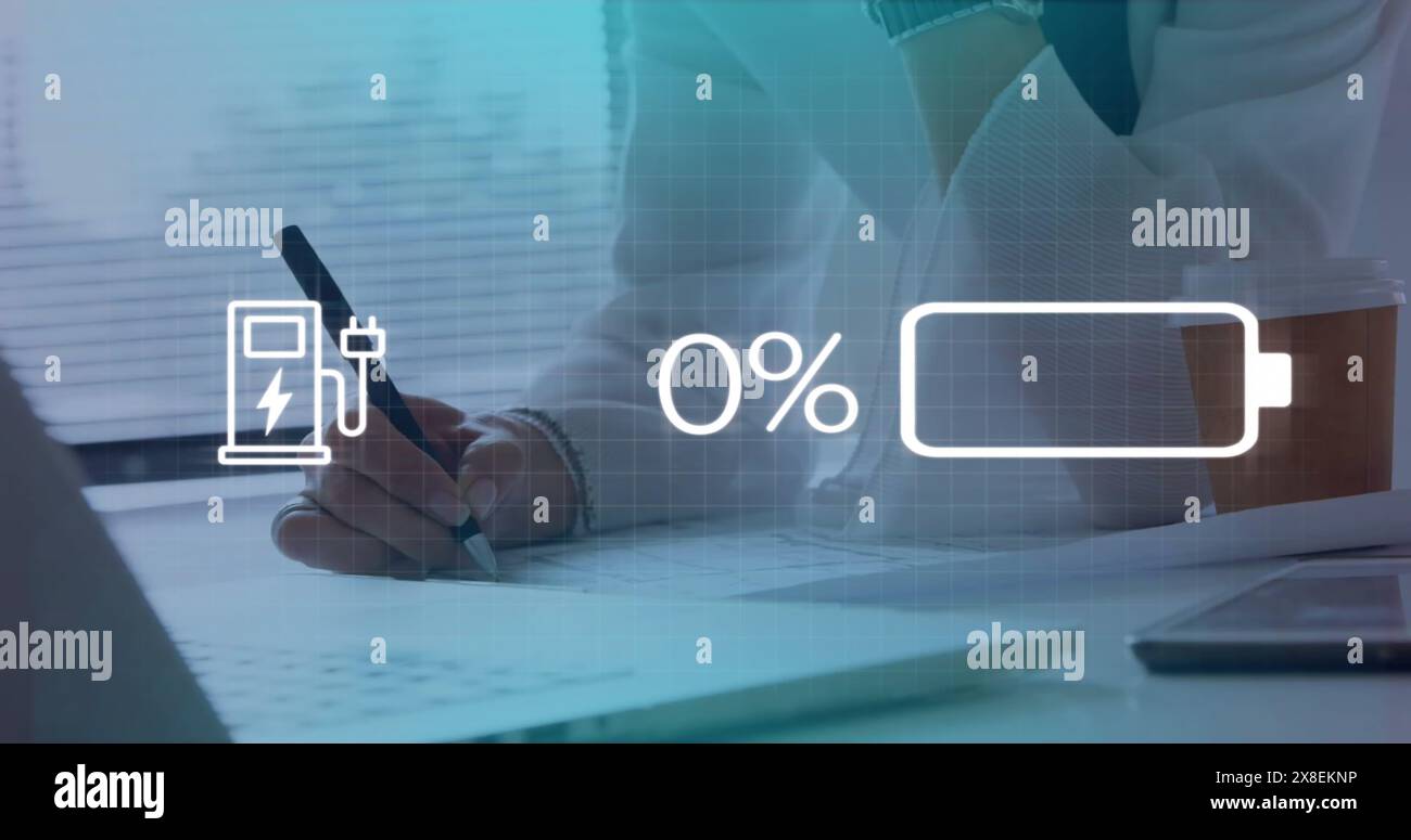 Image of changing numbers, icons, caucasian architects drawing floor ...