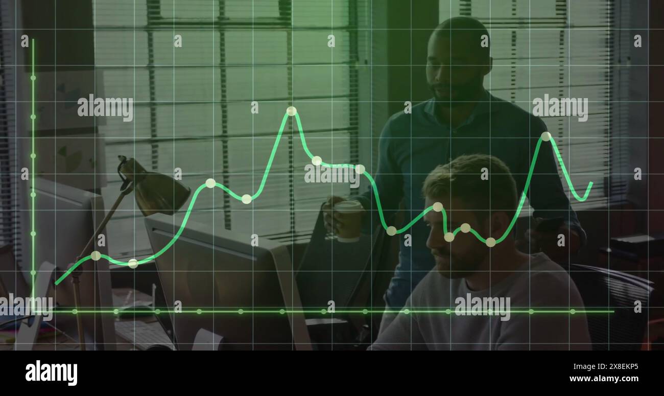 Image of graph and grid pattern over diverse coworkers discussing on ...