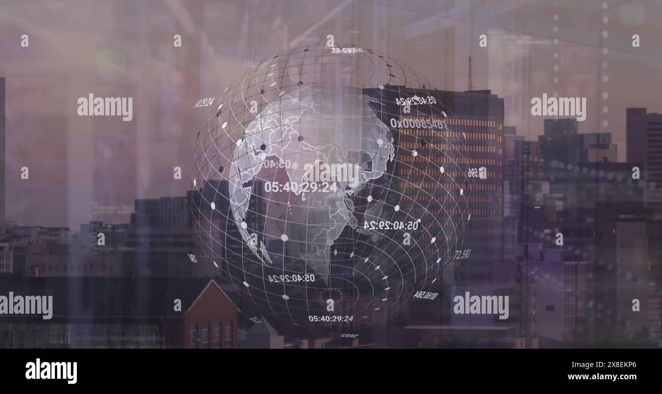 Image of grid pattern and changing numbers around globe over aerial ...