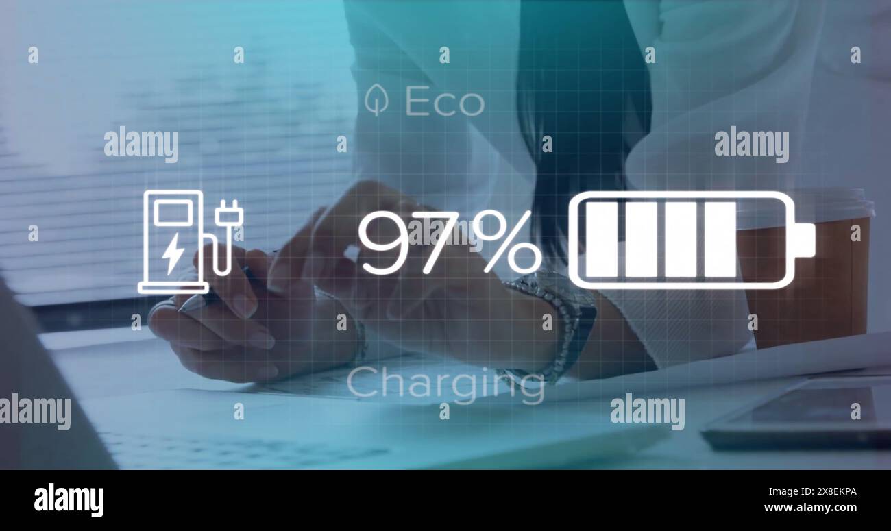 Image of changing numbers, icons, caucasian architects drawing floor ...