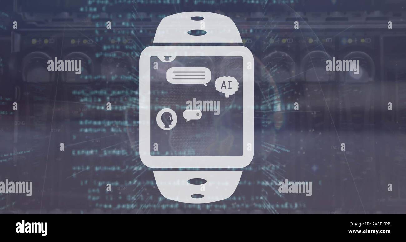 Image of ai chat box in digital watch over computer language against cables Stock Photo - Alamy