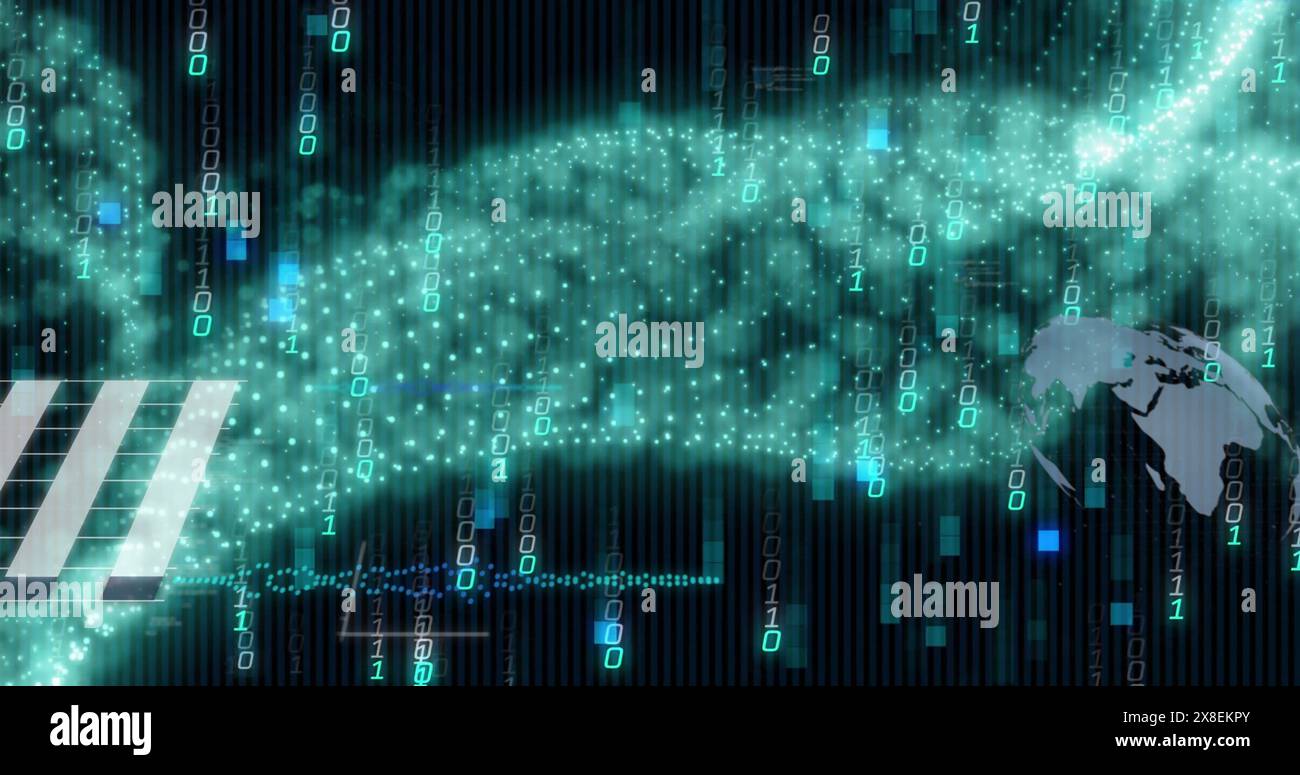 Image of binary codes moving in wave patterns over globes and graphs Stock Photo - Alamy