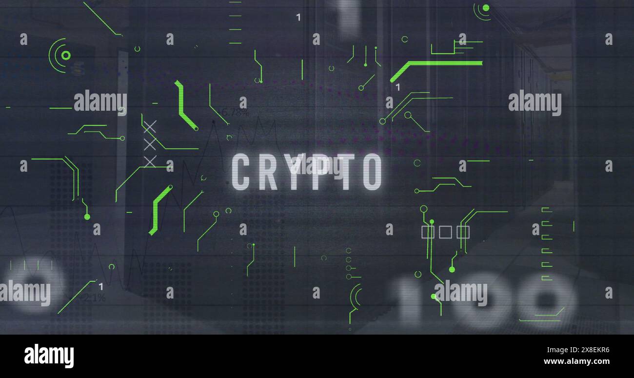 Image Of Crypto Text And Binary Codes With Circuit Board Pattern Over Data Serve Room Stock