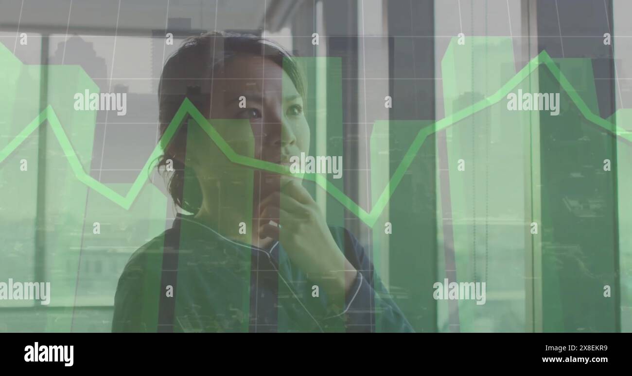 Image of multiple graphs and grid pattern over thoughtful asian woman looking through window ...